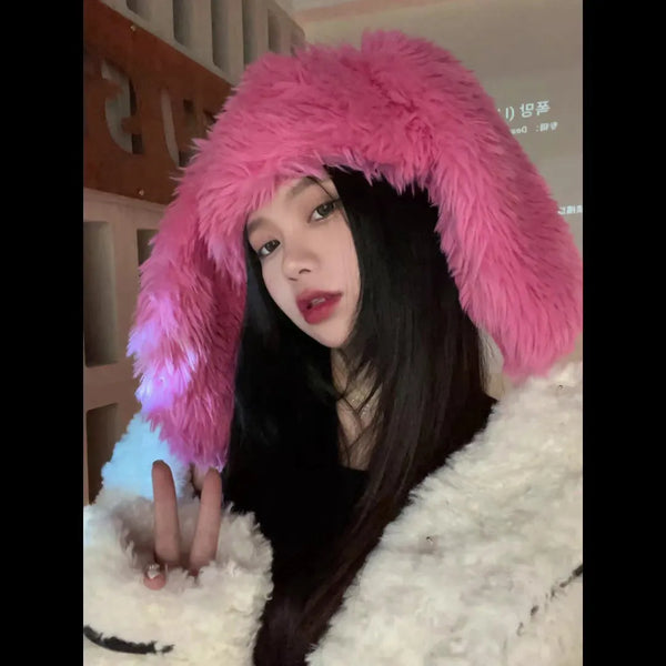 Popxstar Y2k Rabbit Ears Plush Hats Cute Girls Winter Beanie Pullover ...
